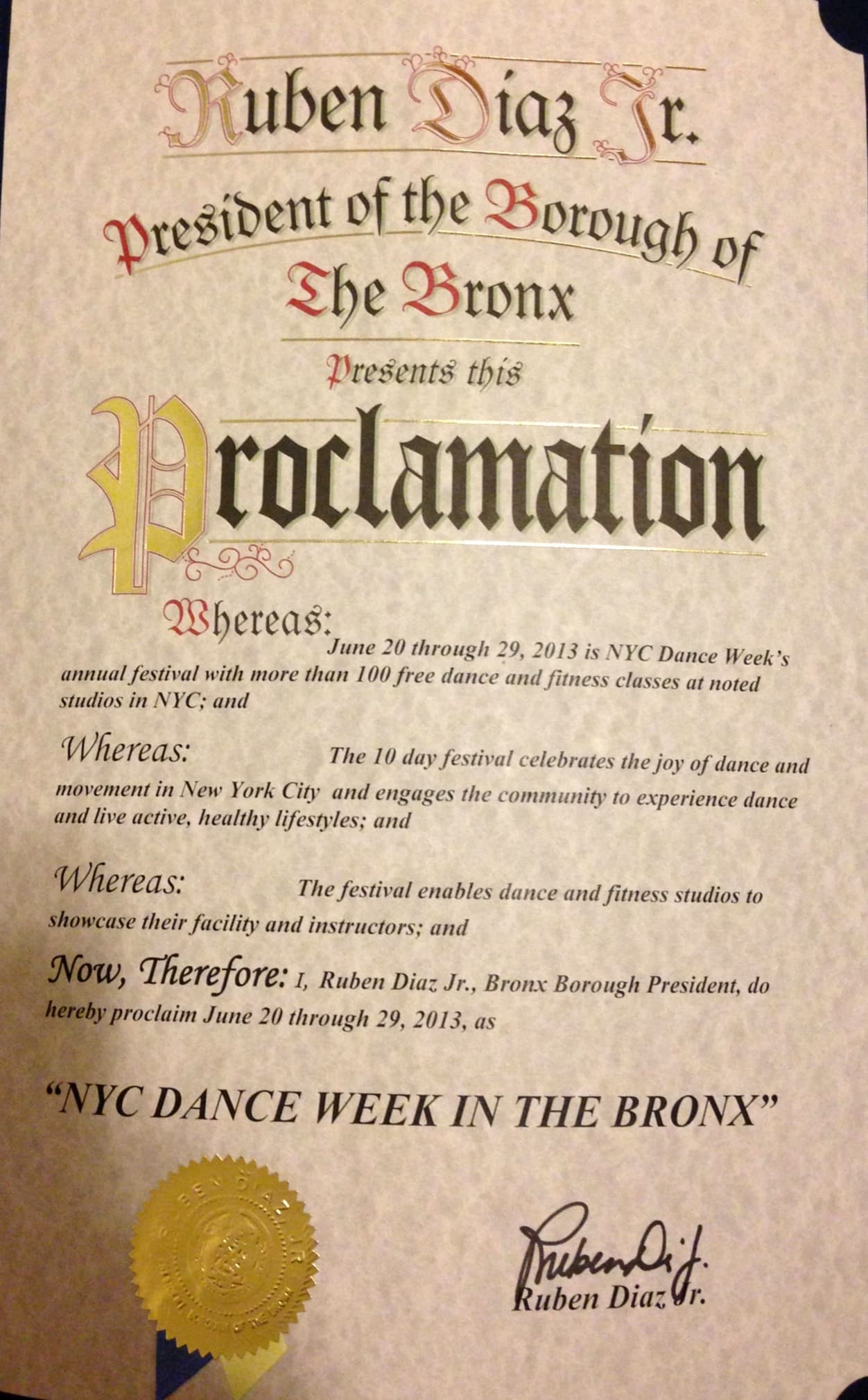 Proclamations - NYC Dance Week