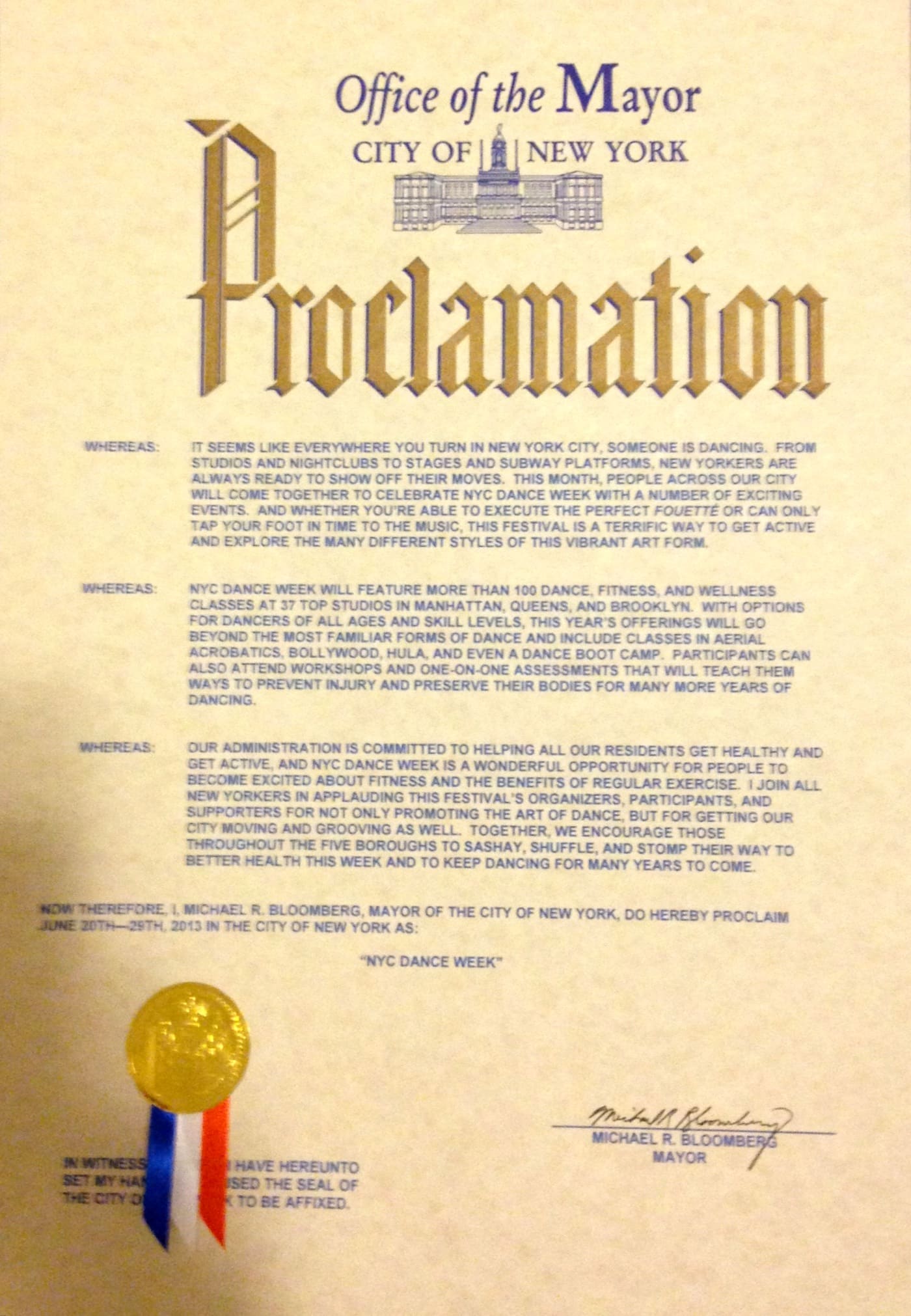 Proclamations - NYC Dance Week